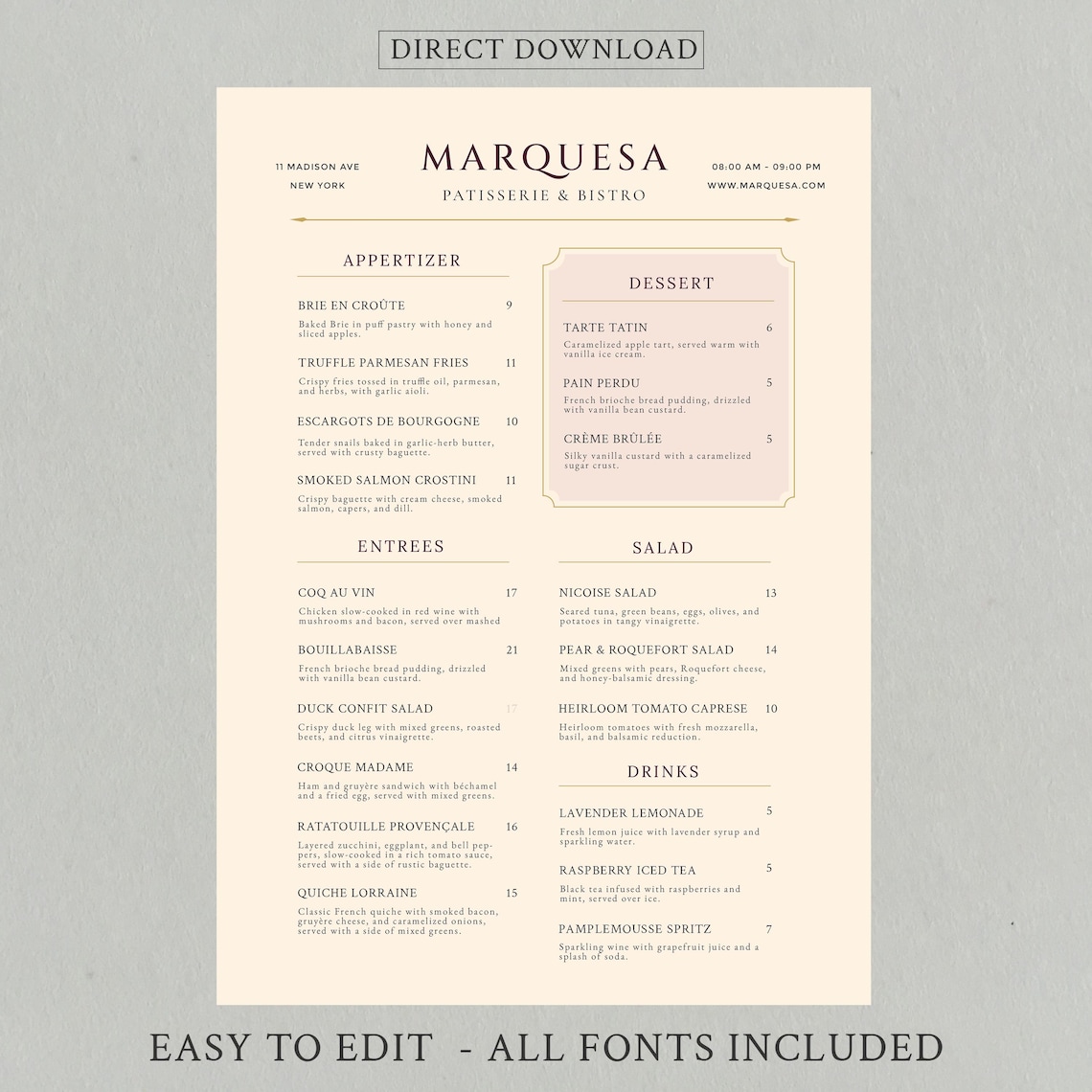 Modern Chic Restaurant Menu Template | Editable Photoshop PSD | 1 Page ...