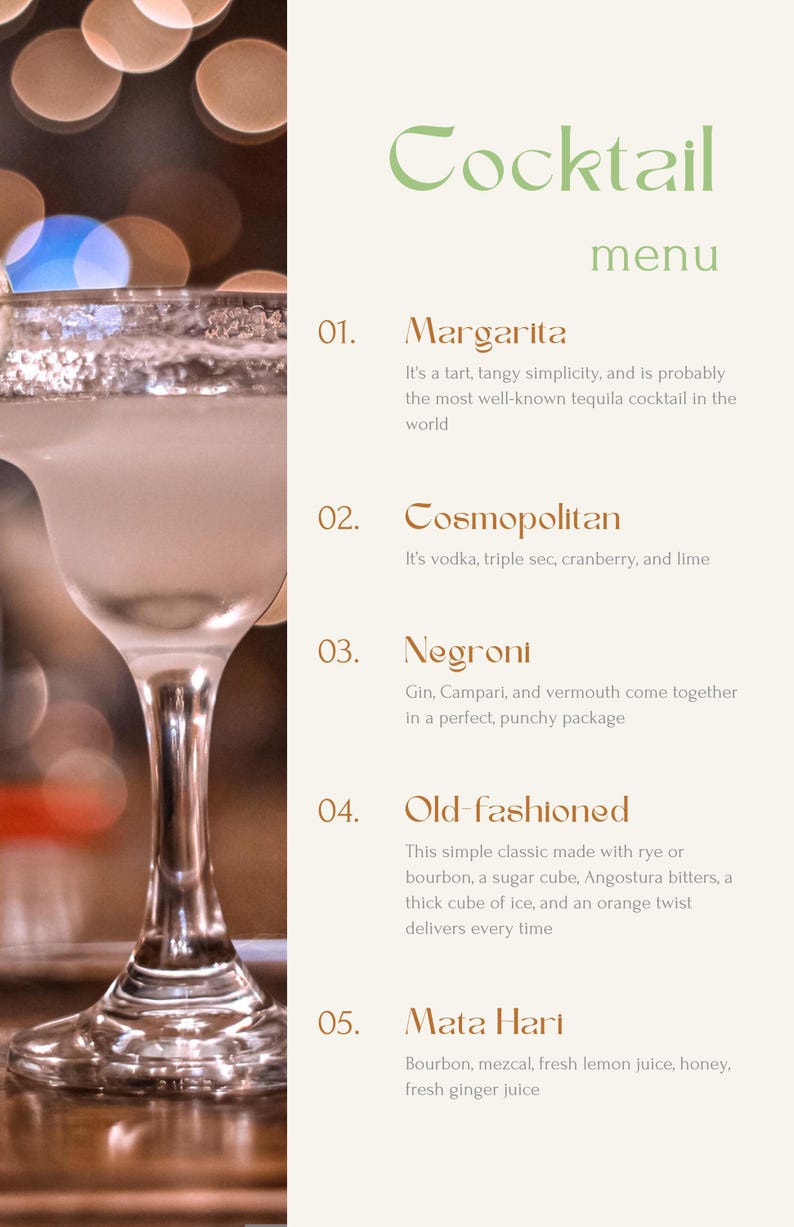 Editable Canva Cocktail Menu Template | Modern Drink Menu Design With 3 ...