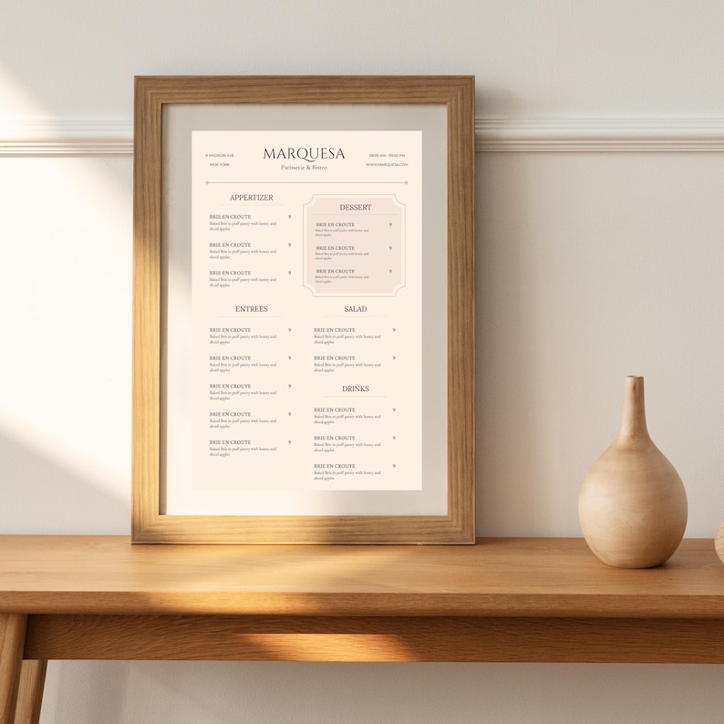 Modern Chic 1-page Menu Template | Editable Canva A4 | Restaurant ...