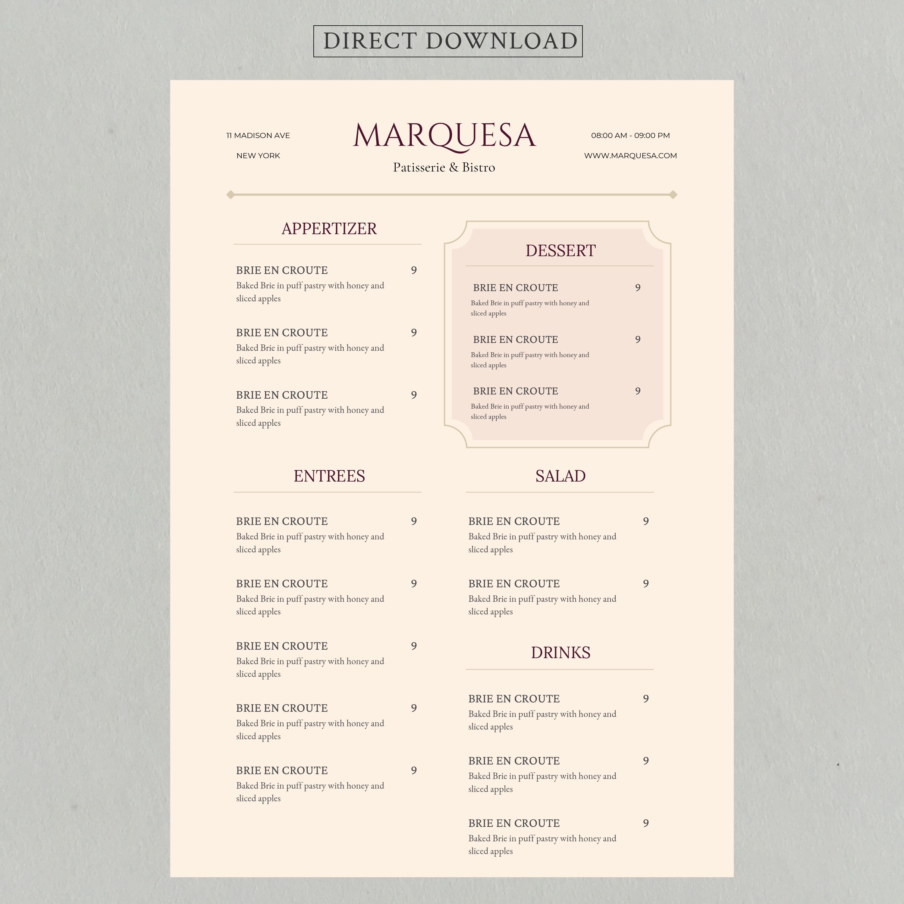 Modern Chic 1-page Menu Template | Editable Canva A4 | Restaurant ...