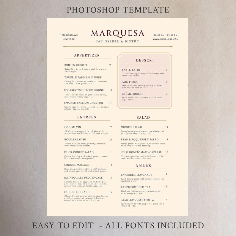 Modern Chic Restaurant Menu Template | Editable Photoshop PSD | 1 Page ...