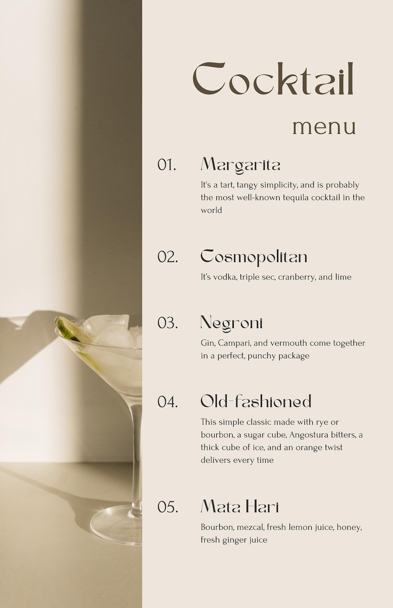 Editable Canva Cocktail Menu Template | Modern Drink Menu Design With 3 ...