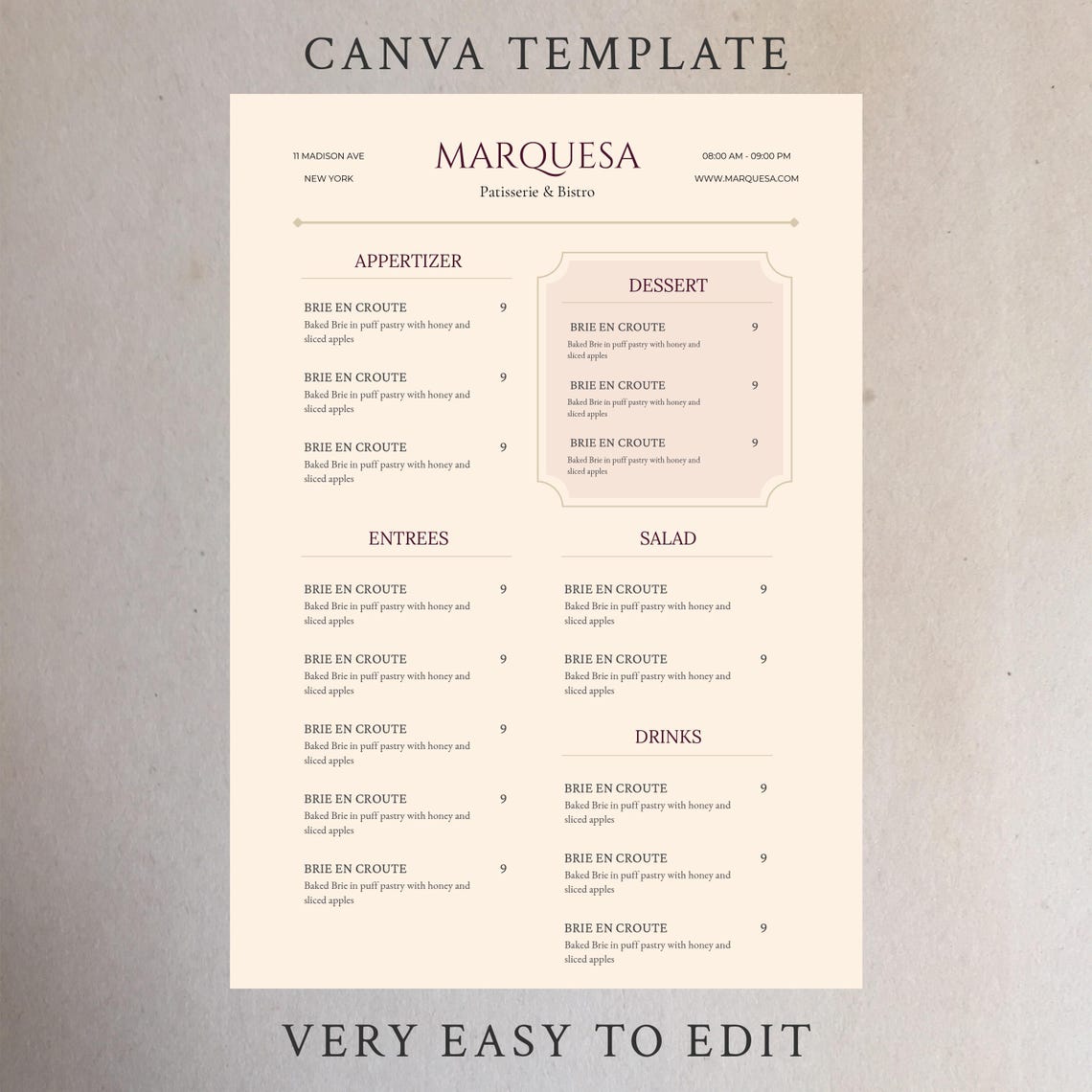 Modern Chic 1-page Menu Template | Editable Canva A4 | Restaurant ...