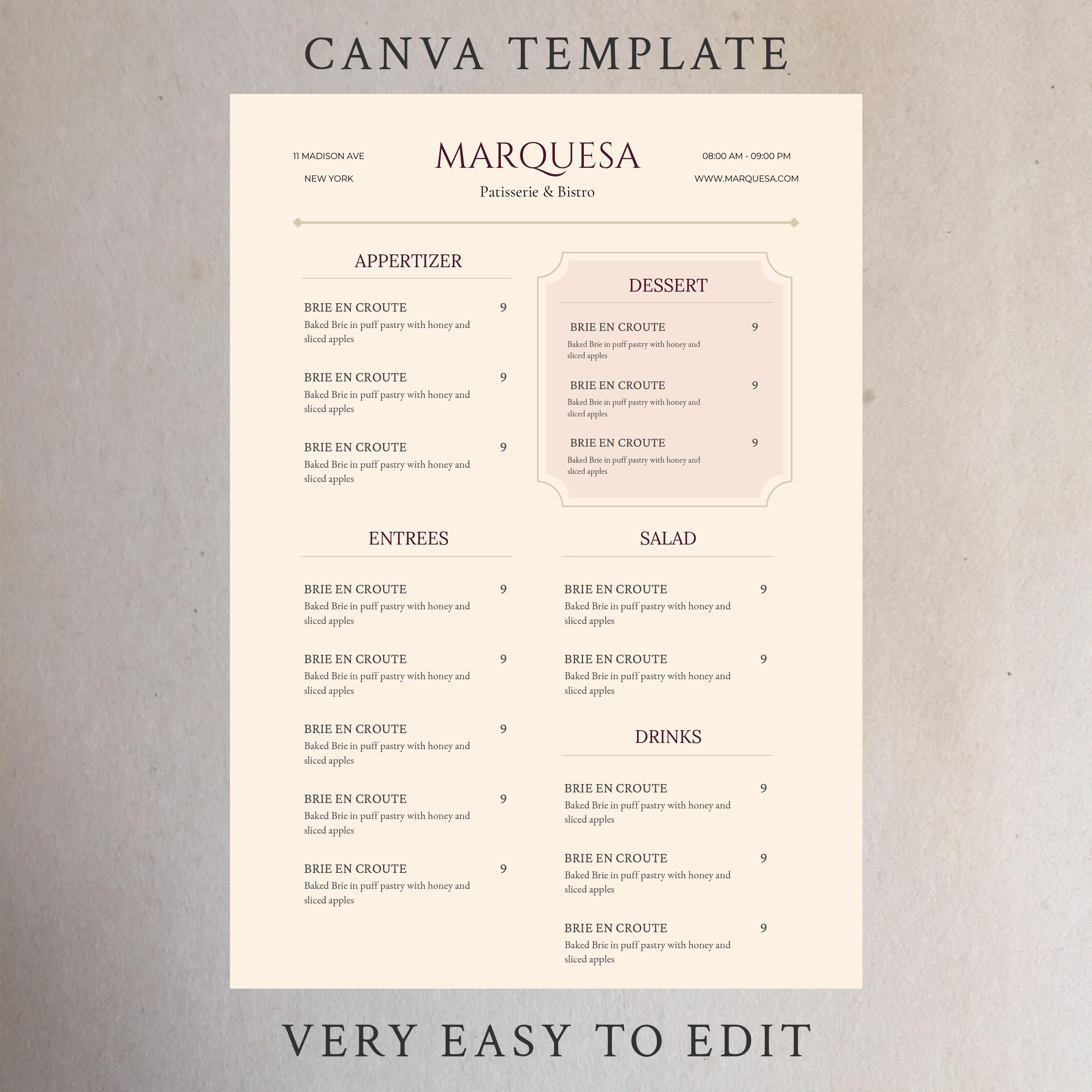 Modern Chic 1-page Menu Template | Editable Canva A4 | Restaurant ...