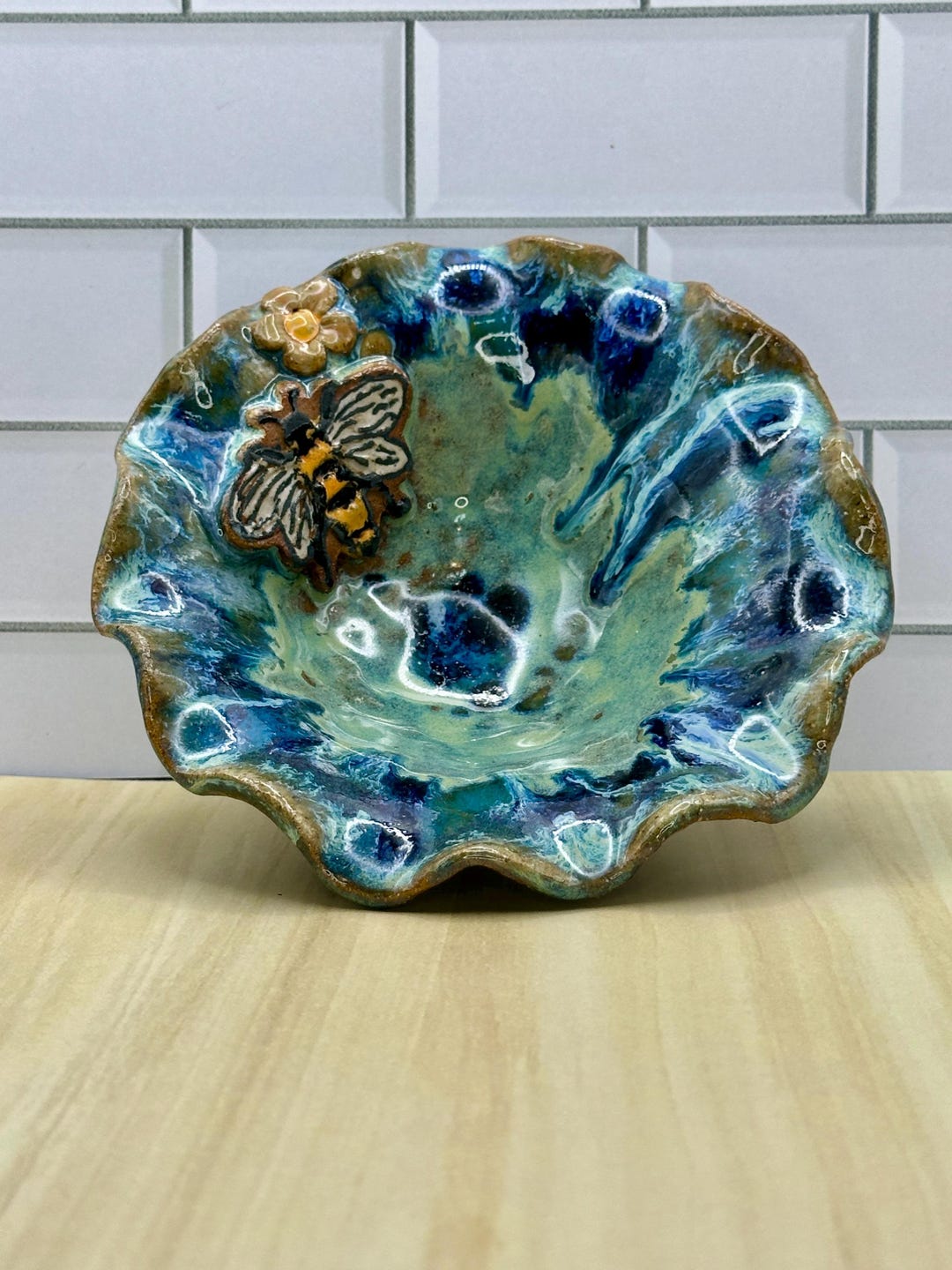 Handmade Pottery Bowl With Bee and Flower – Ruffled Rim – Turquoise ...