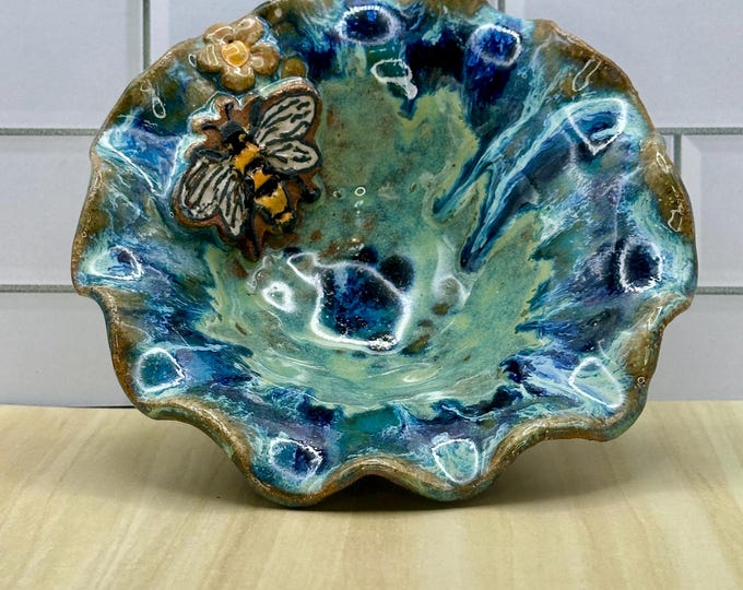 Handmade Pottery Bowl With Bee and Flower – Ruffled Rim – Turquoise ...
