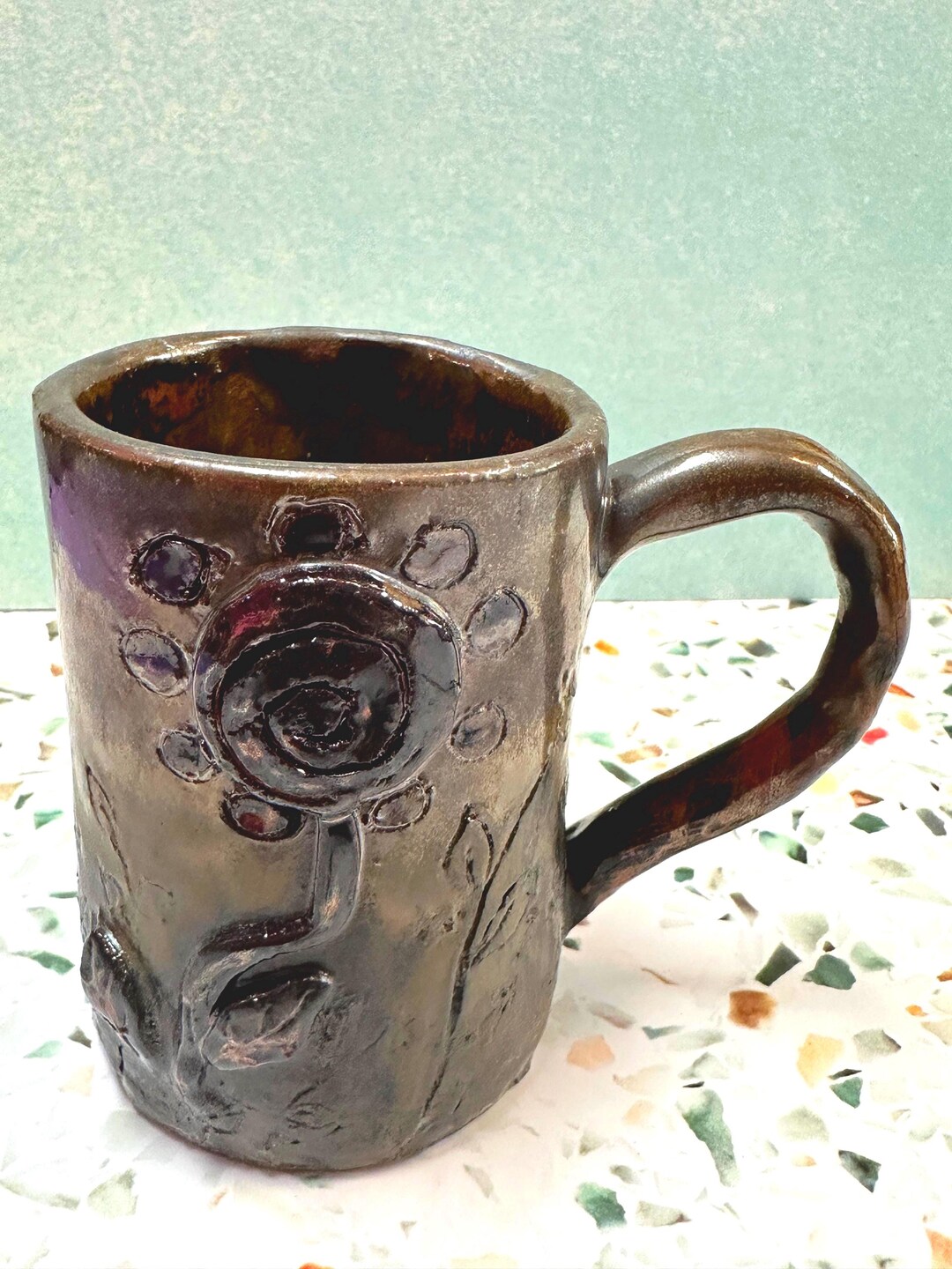 Hand Built Pottery Mug With Carved Flower Detail - Etsy