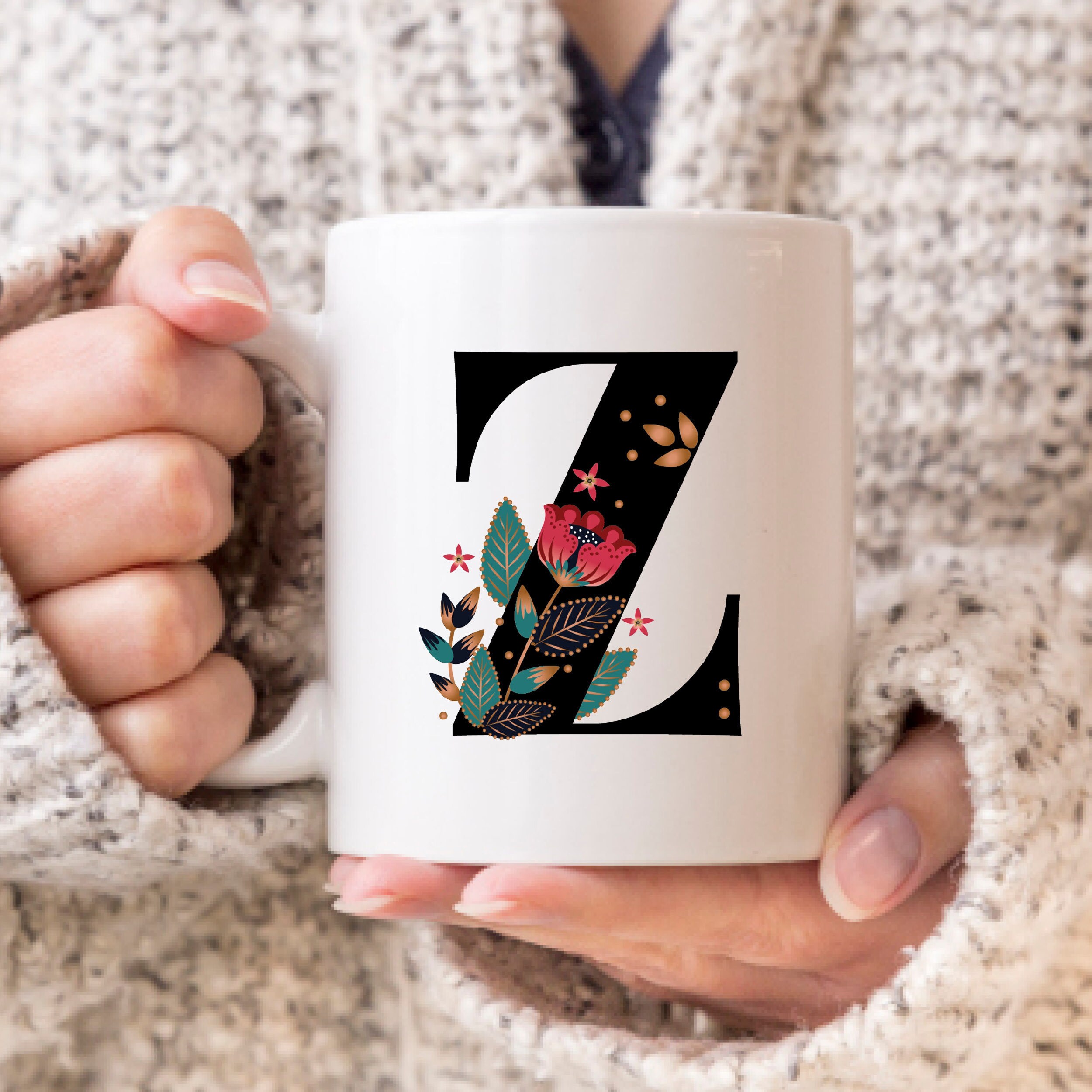 Initial Gift Monogram Coffee Mug Letter Z Folk Art Coffee | Etsy