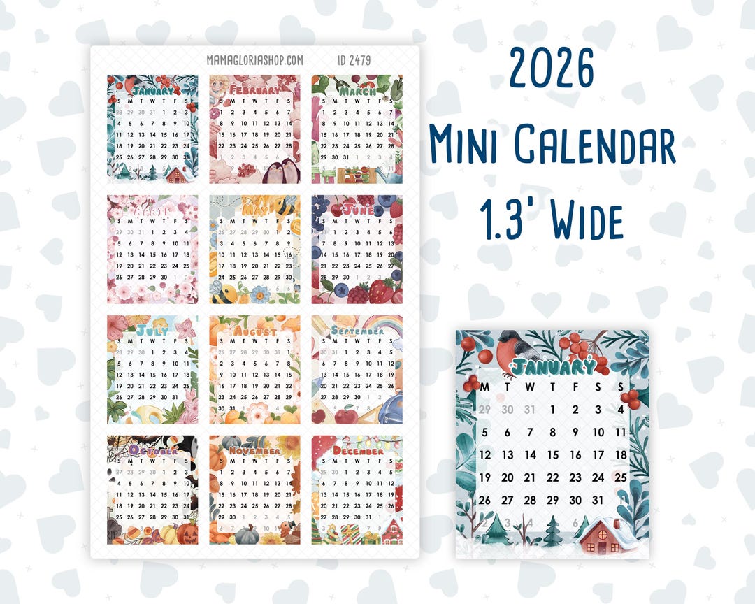 Mini Monthly Calendar Stickers 2026 — Sunday or Monday Start | Small ...