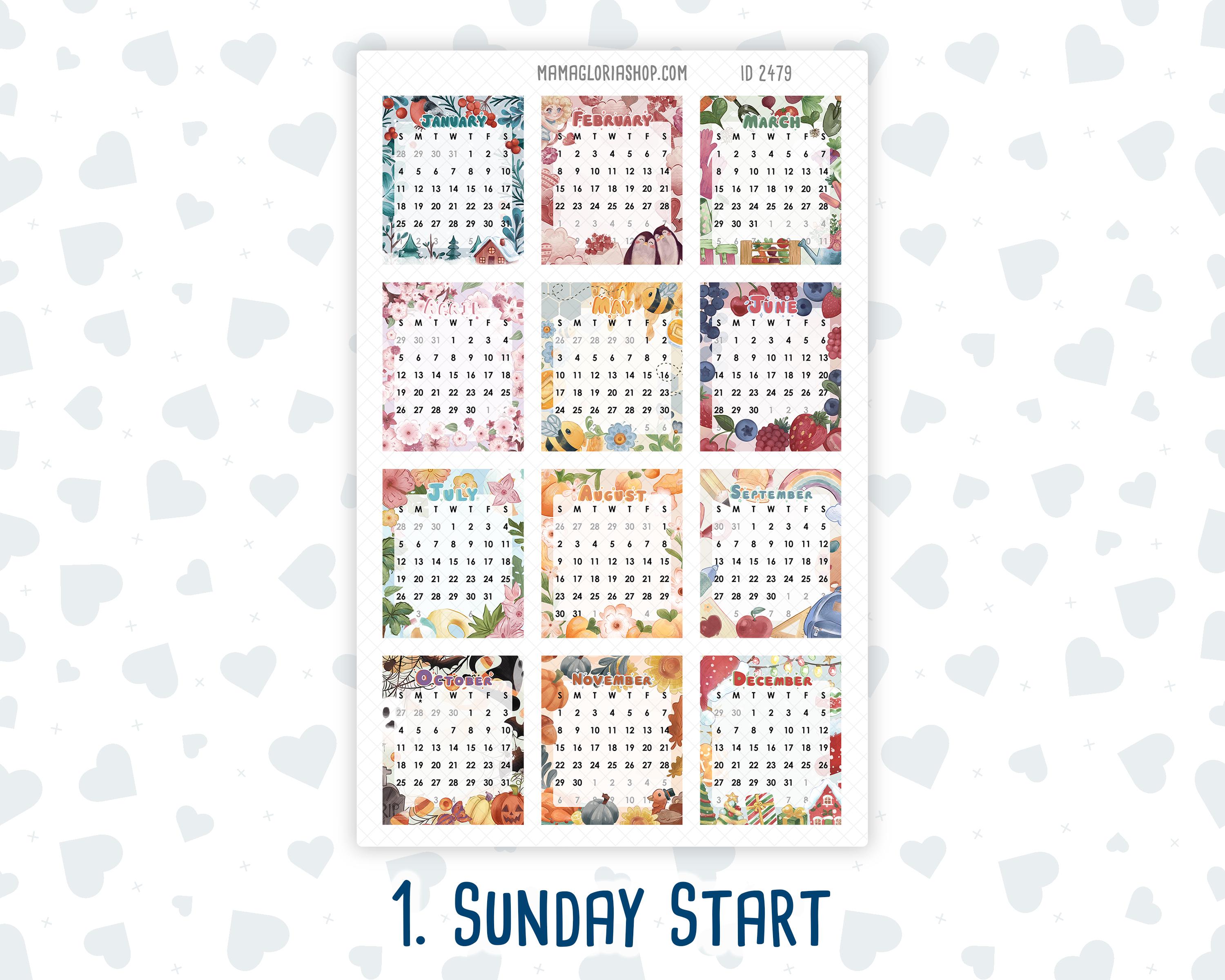 Mini Monthly Calendar Stickers 2026 — Sunday or Monday Start | Small ...
