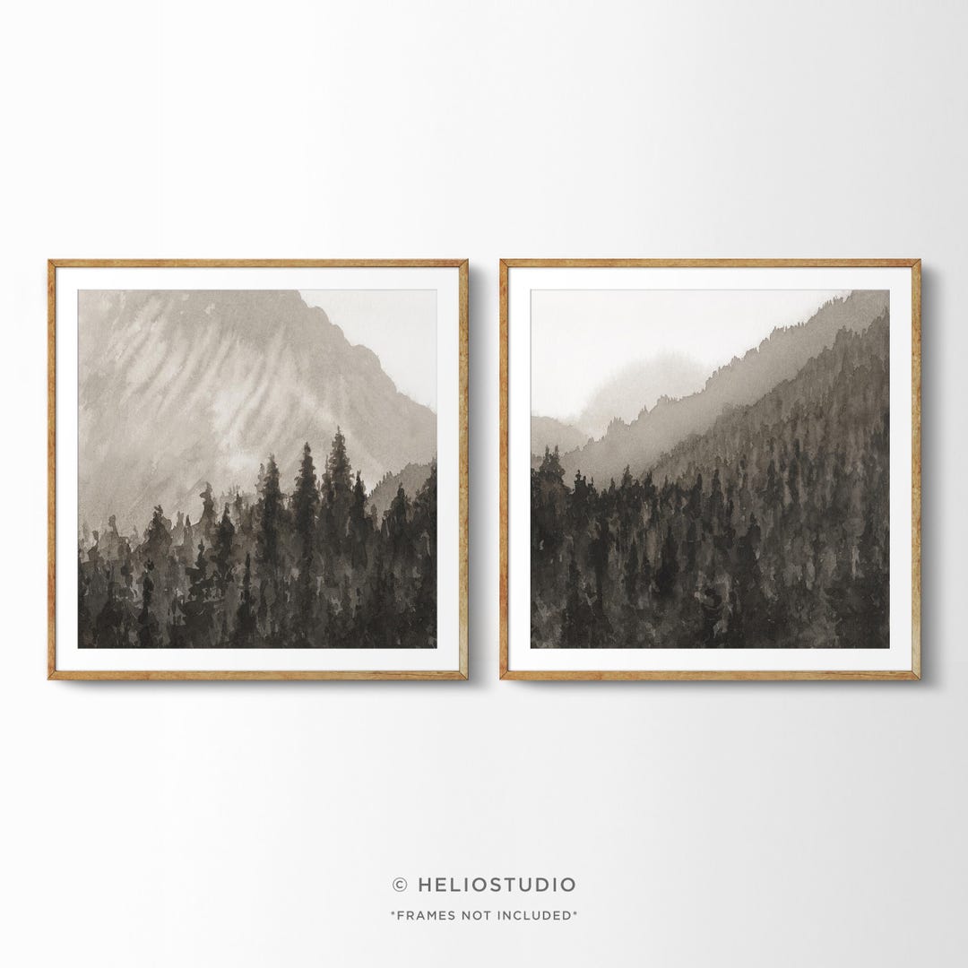 Set of 2 Forest Mountain Wall Art, Mountain Valley Forested Foothills ...