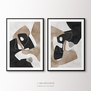 2 Piece Art Prints, Abstract Poster Set, Midcentury Black Beige Wall Art, Living Room Art, Black ...