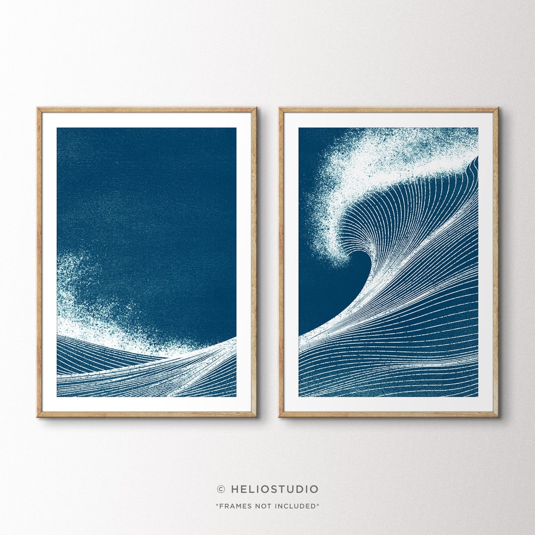 Two Piece Retro Ocean Wave Art Print Set in Blue and White. Woodcut ...