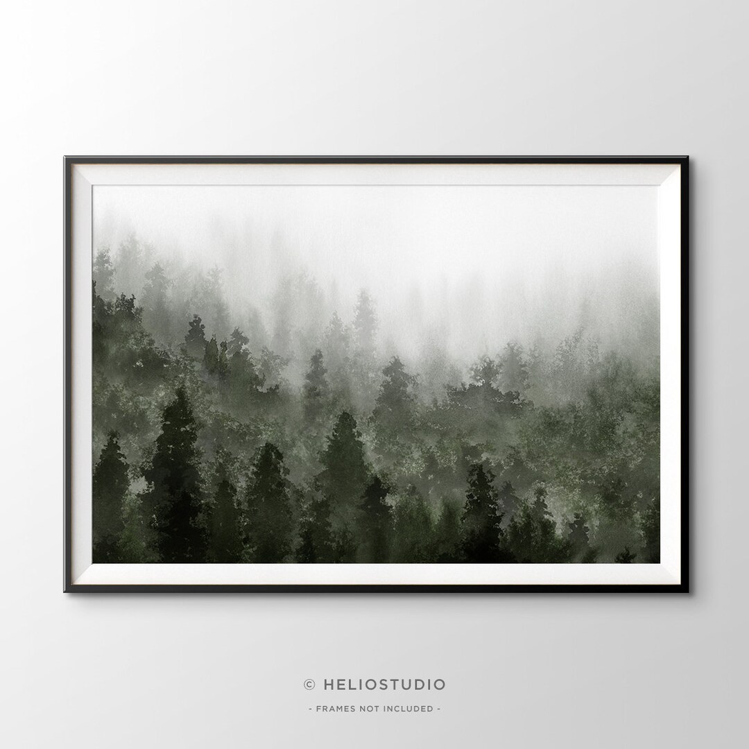 Deep Green Misty Forest Watercolour Wall Art. Pine Green Foggy Alpine ...