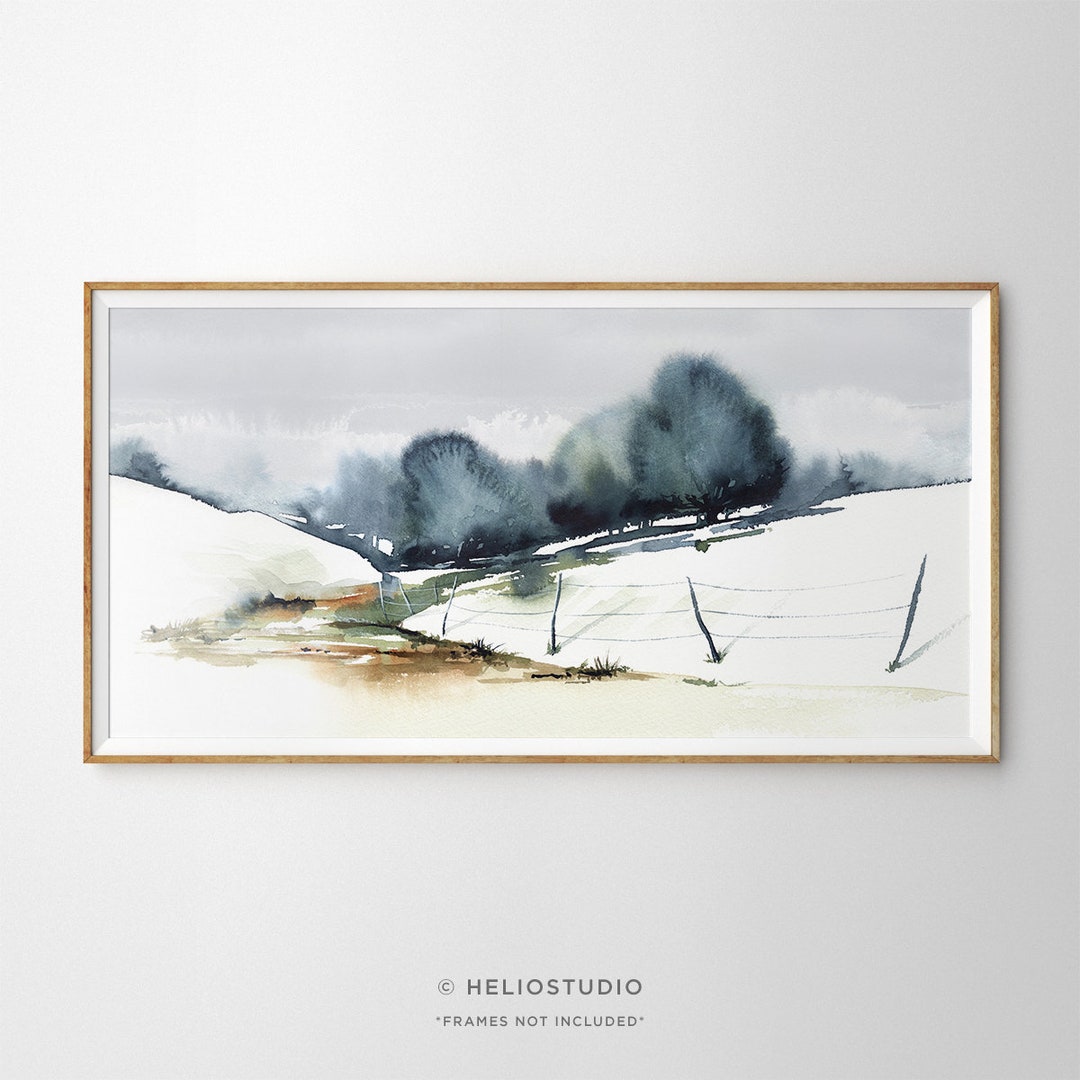 Abstract Winter Landscape Watercolor Painting Print. Panoramic Country ...