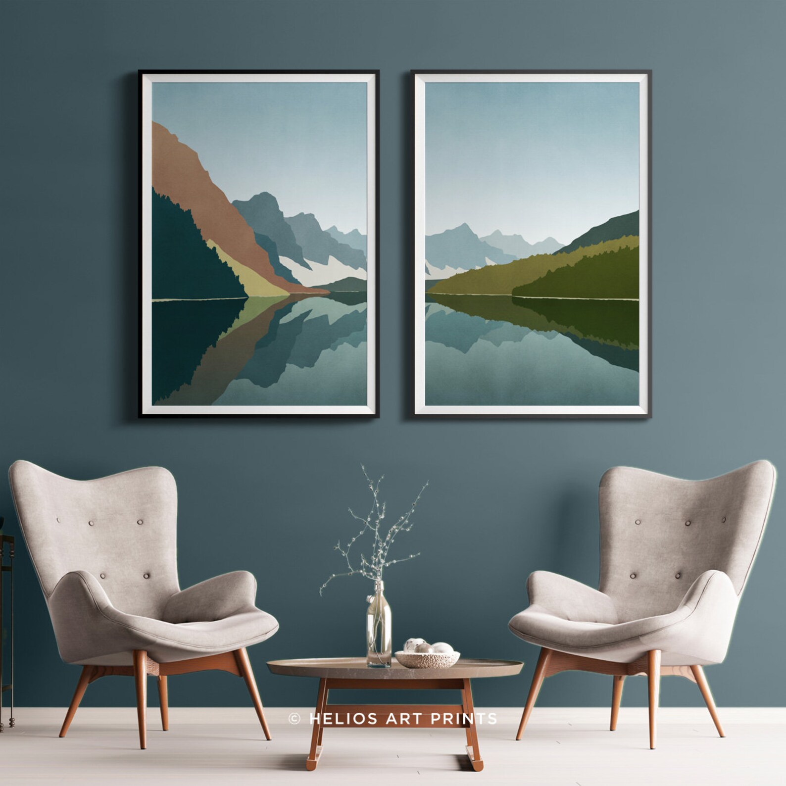 Two Piece Mountain Lake Art Prints. Set of 2 Mid Century | Etsy
