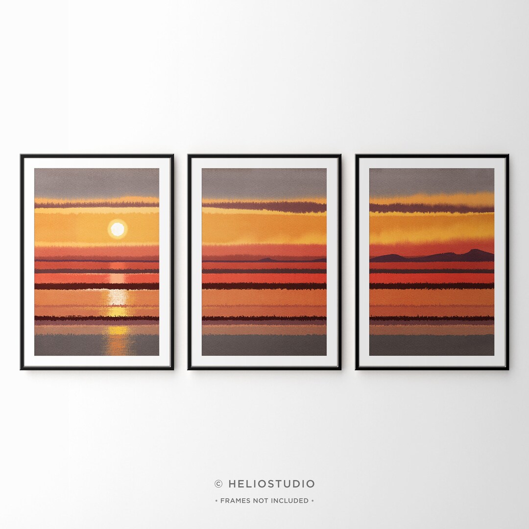 3 Piece Coastal Sunset Wall Art. Set of 3 Golden Beach Sunrise. Orange ...