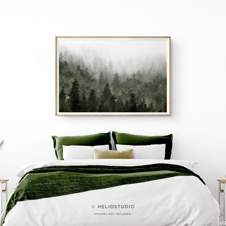 Deep Green Misty Forest Watercolour Wall Art. Pine Green Foggy - Etsy