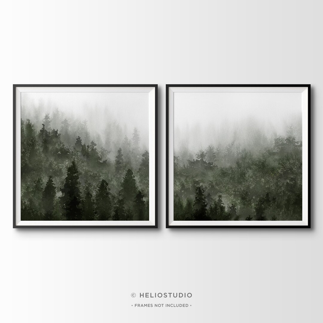 Set of Two Deep Green Misty Forest Mountain Watercolour Art Prints. 2 ...
