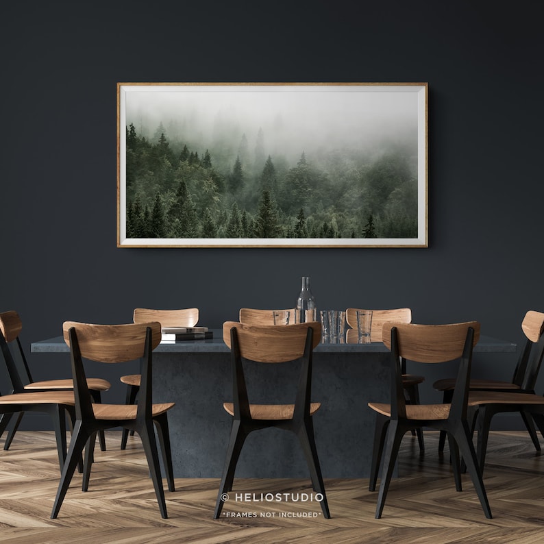 Deep Green Misty Forest Panoramic Wall Art. Green Pine Forest Mountain ...