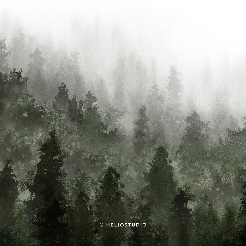 Deep Green Misty Forest Watercolour Wall Art. Pine Green Foggy - Etsy