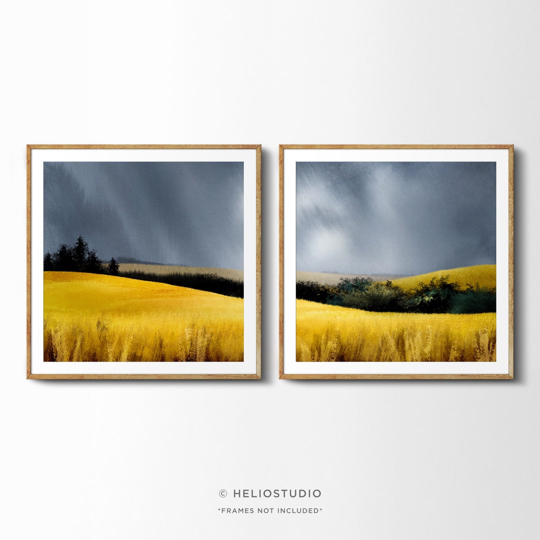 2 Piece Golden Yellow Fields Storm Cloud Wall Art. Set of 2 Large Art ...