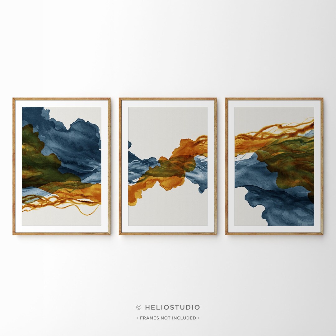 Large 3 Piece Abstract Watercolor Art Set. Slate Blue and Rust Abstract ...