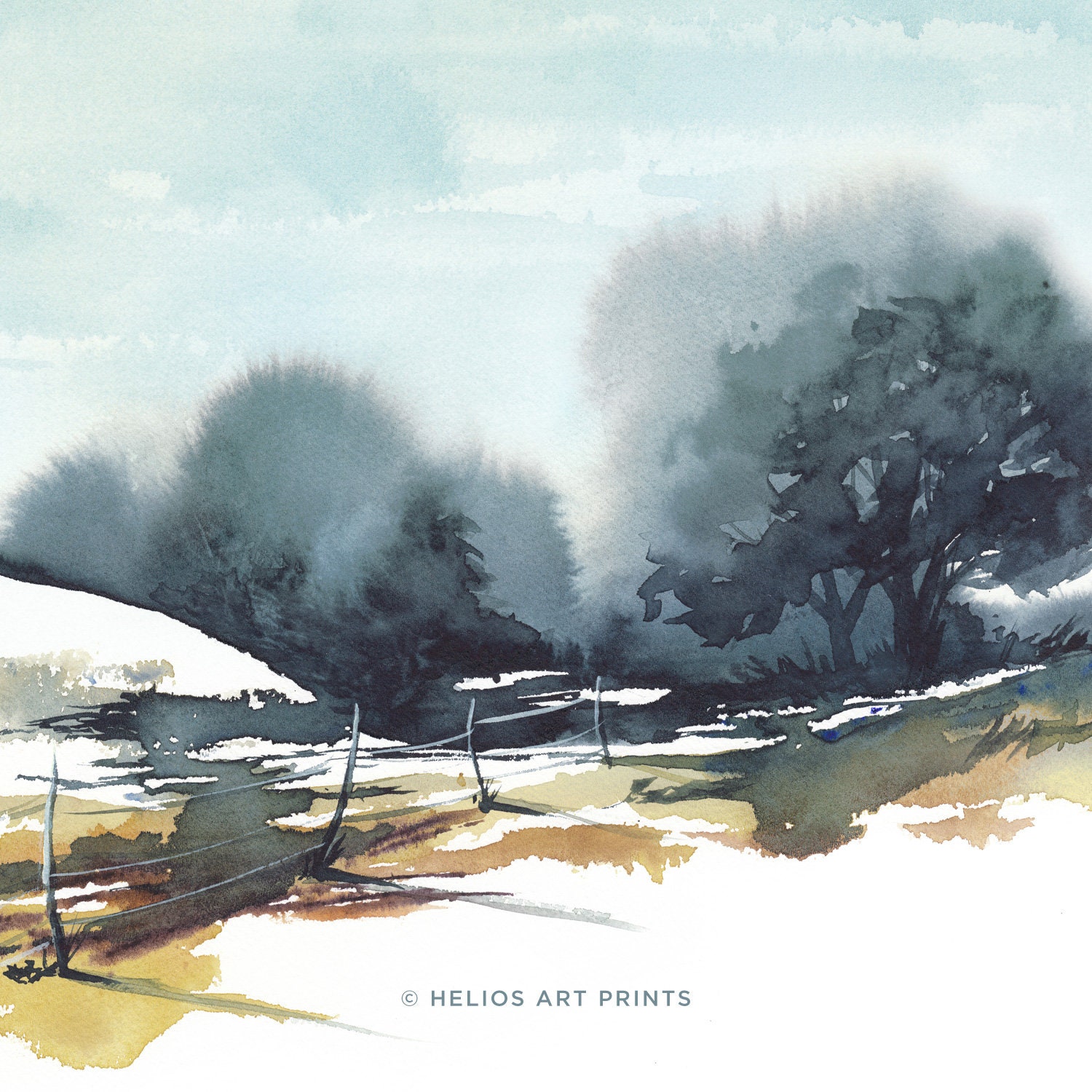 Abstract Landscape Watercolor Print. Winter Countryside | Etsy