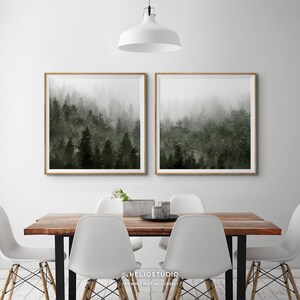 Set of Two Deep Green Misty Forest Mountain Watercolour Art Prints. 2 ...