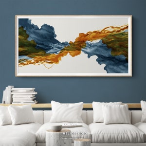 Panoramic Abstract Watercolor Wall Art. Slate Blue and Rust Abstract ...