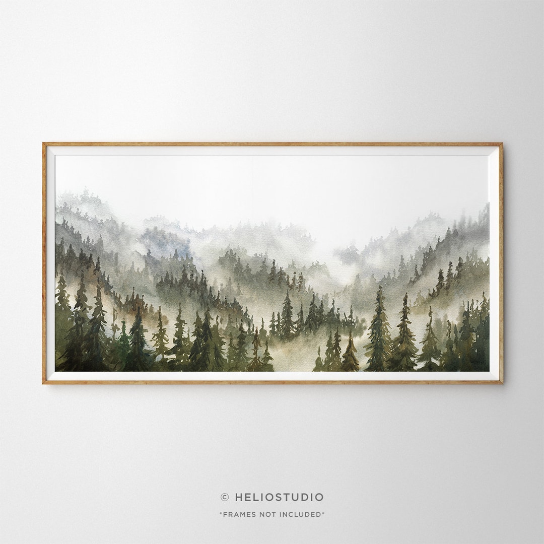 Misty Forest Watercolor Painting: Panoramic Mountain Landscape Wall Art ...