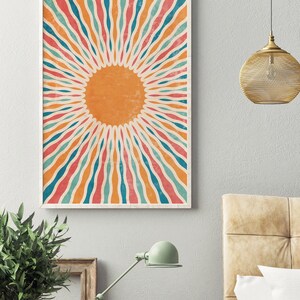 Abstract Retro Multicoloured Sun Art Print, Mid Century Sunburst Wall ...