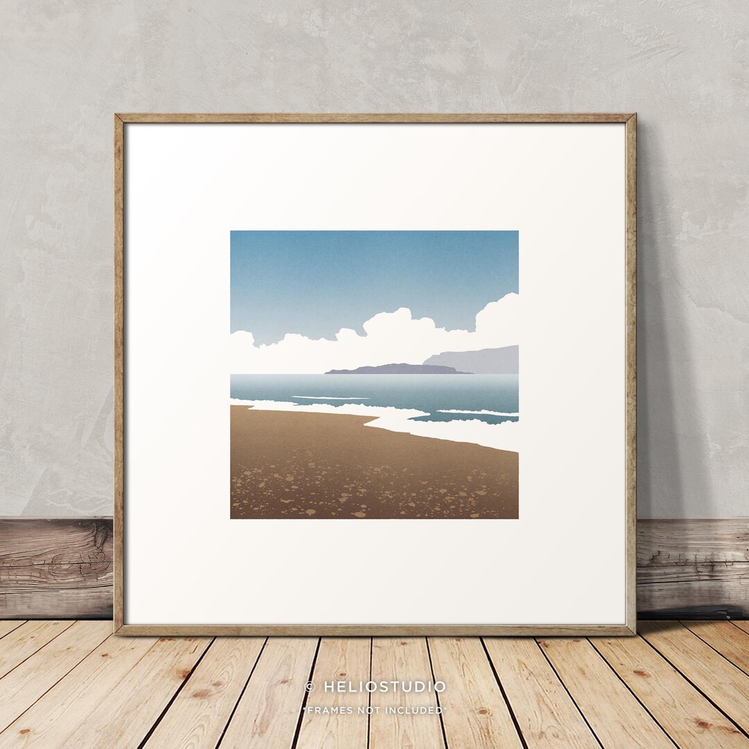 Linocut Style Coastal Art Print. Midcentury Beach House Wall Art. Blue ...