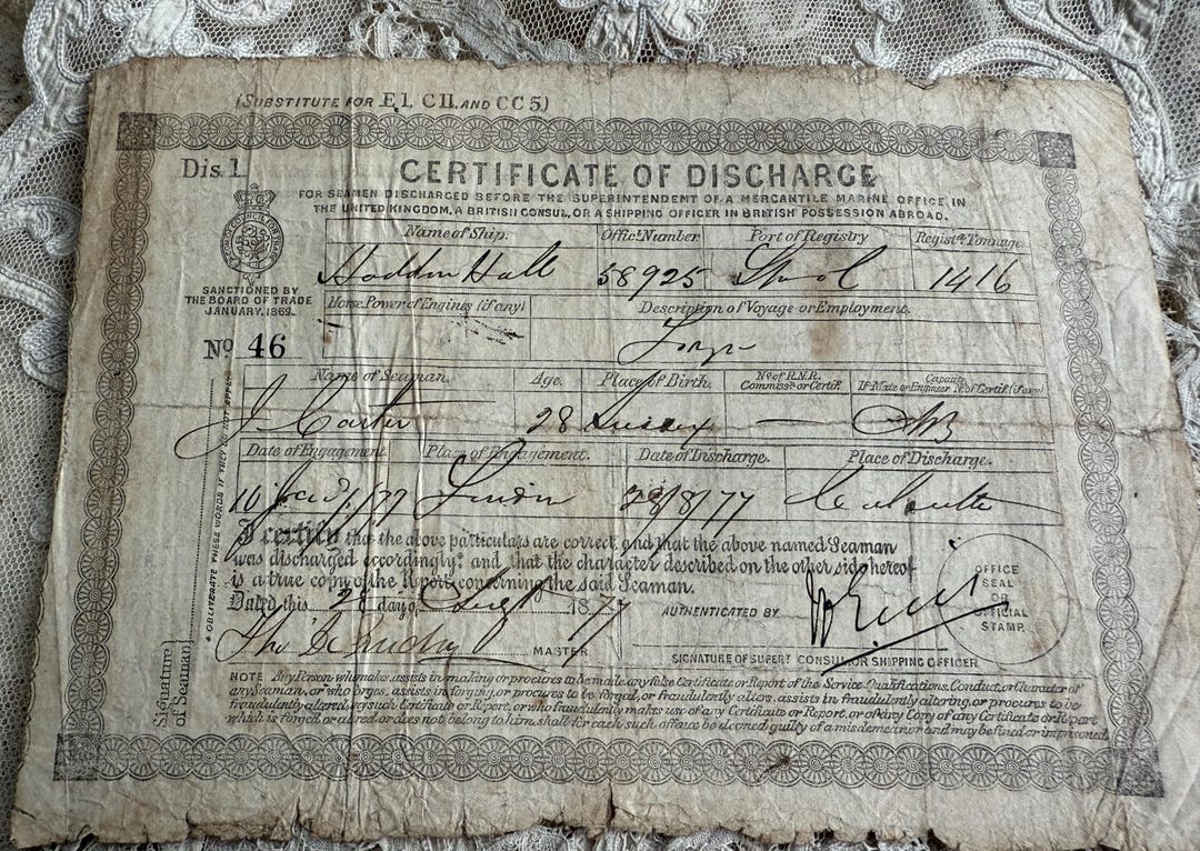1877 Seaman Çertificate of Discharge Character Shipping British ...