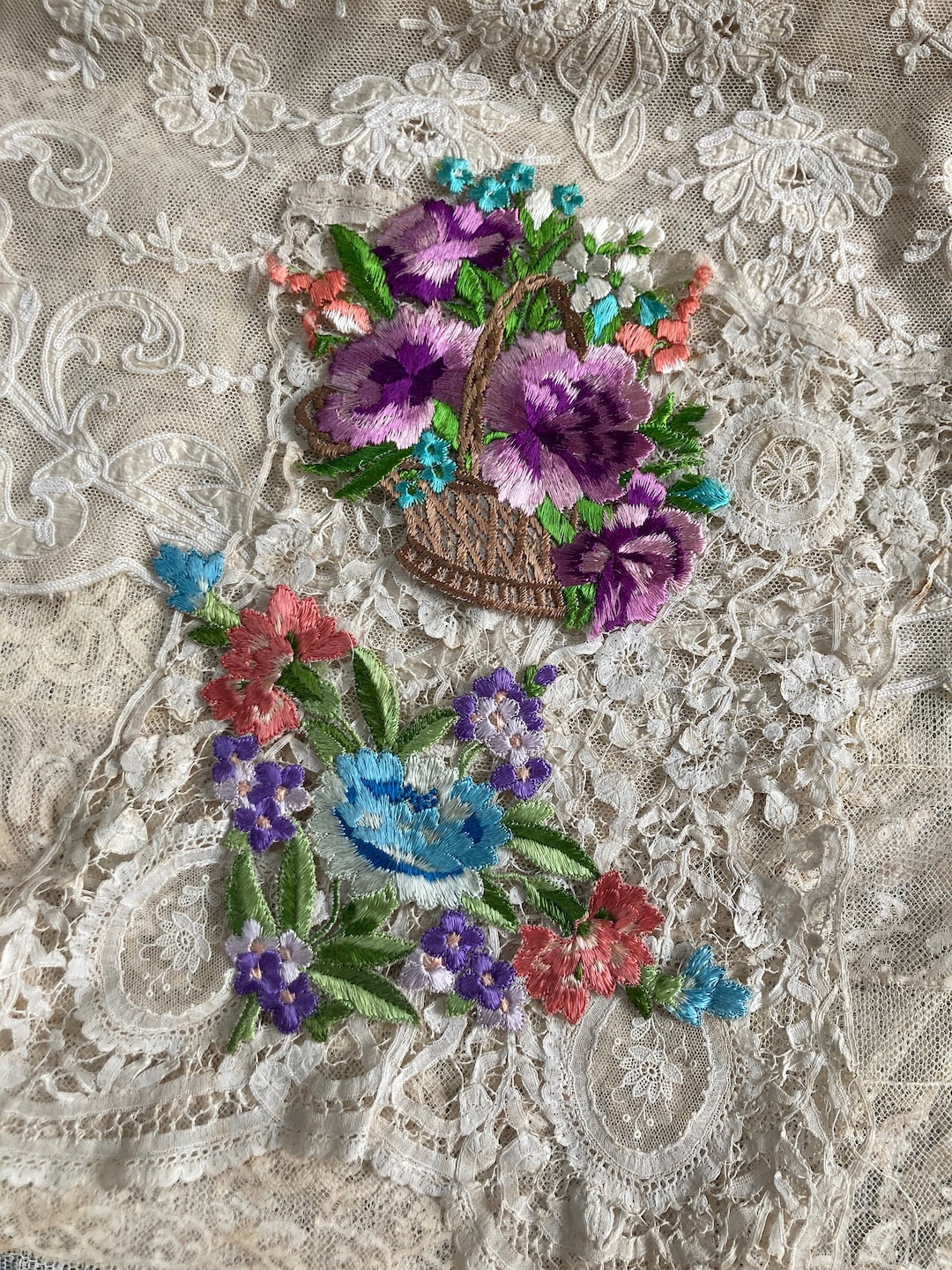 Large Antique Silk Embroidered Flowers Appliques, Sewing Appliques ...