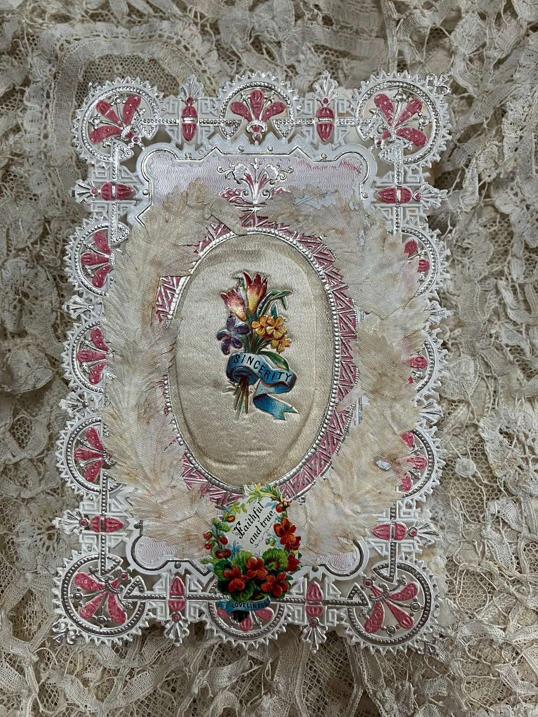 Nineteenth Century Silver Paper Lace Floral Embellished Embossed Card ...