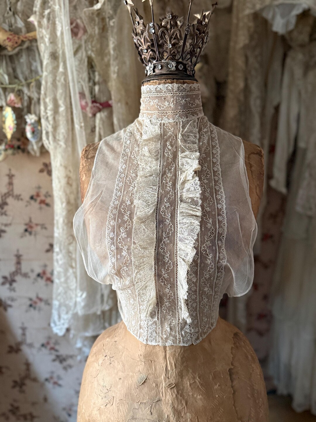 Antique Lace Modesty Panel Vest, Nineteenth Century Delicate Lace Frill ...