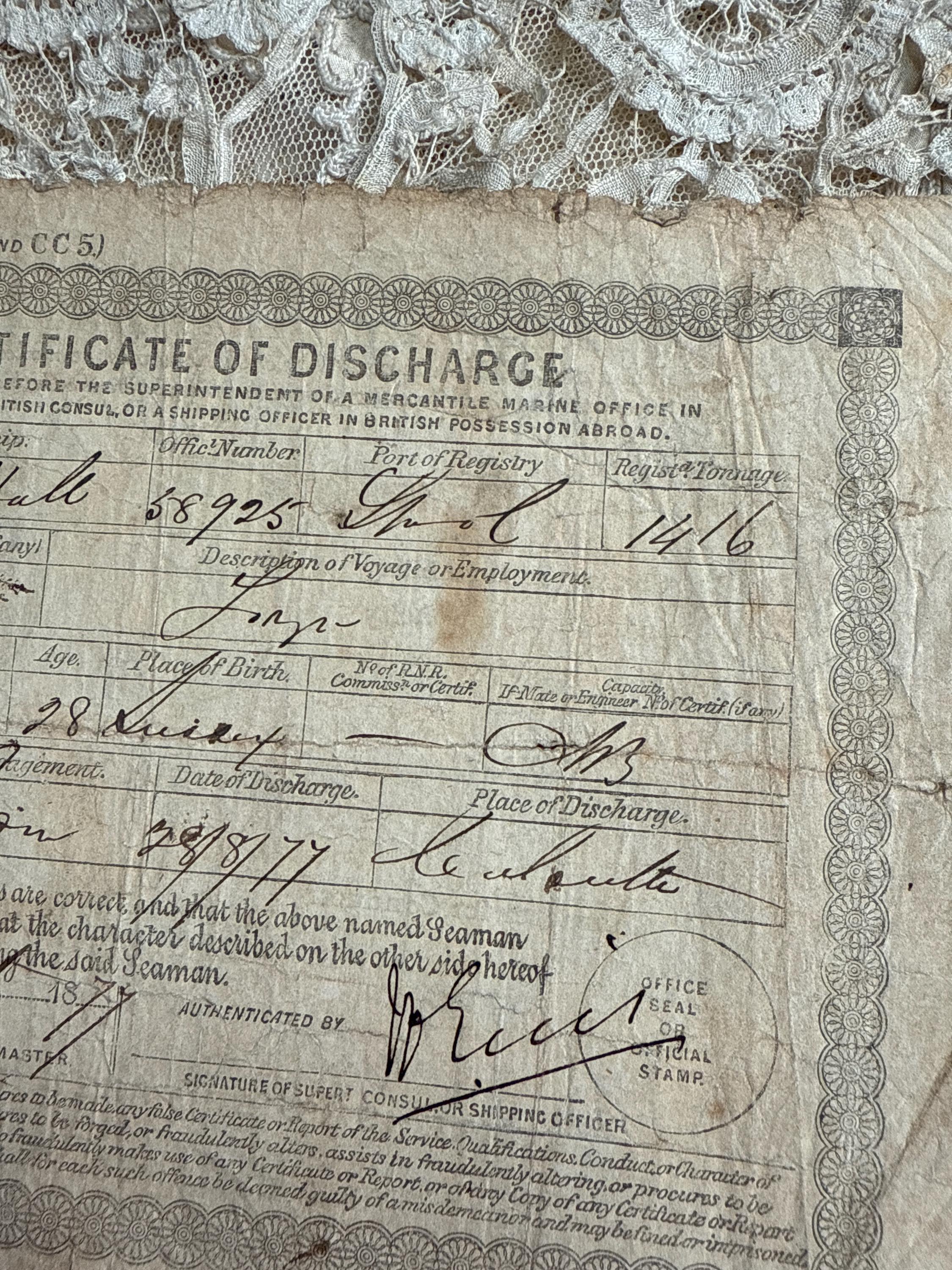 1877 Seaman Çertificate of Discharge Character Shipping British ...