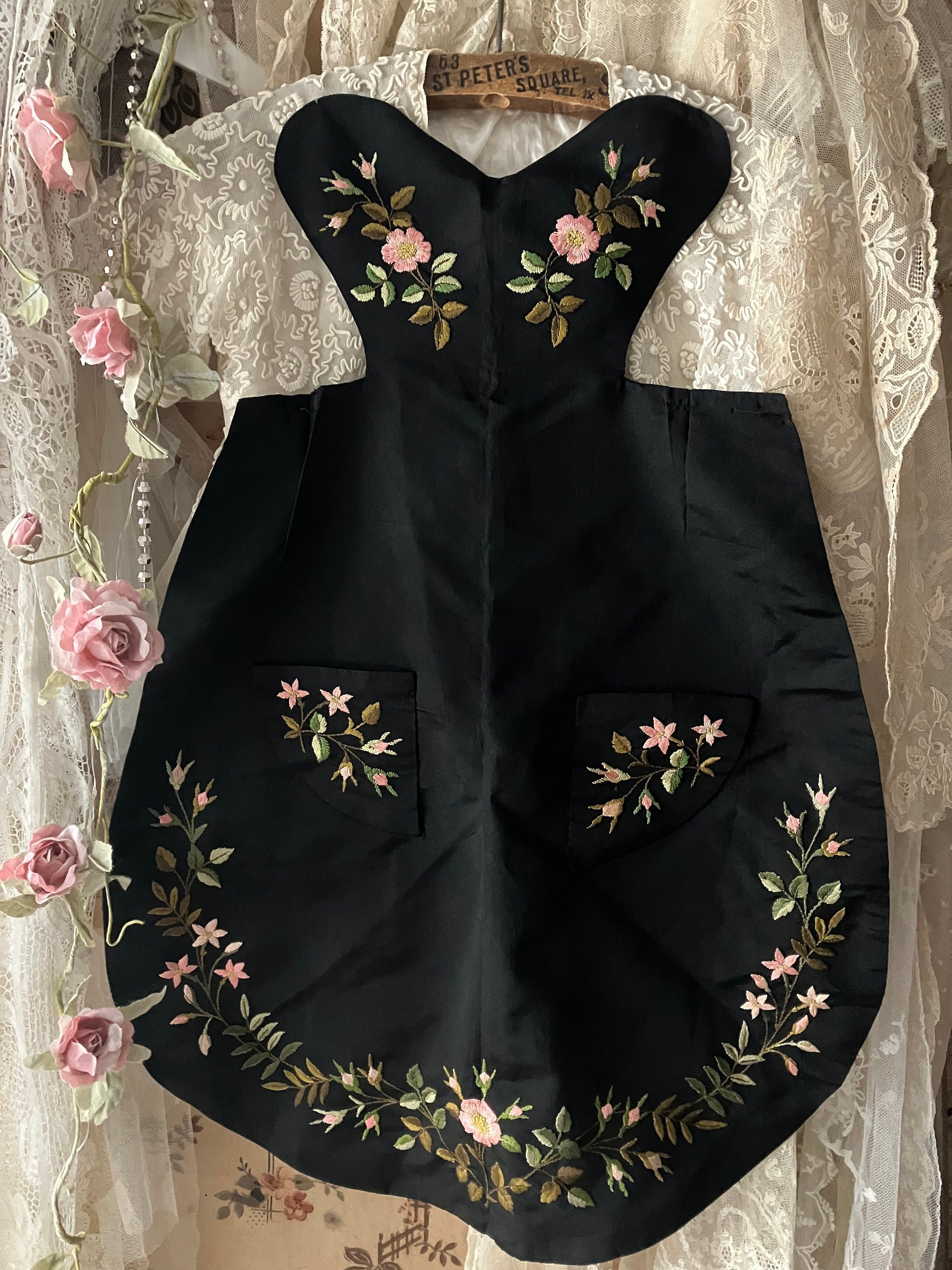 Victorian Black Silk Apron - Embroidered Floral Display Piece - Etsy