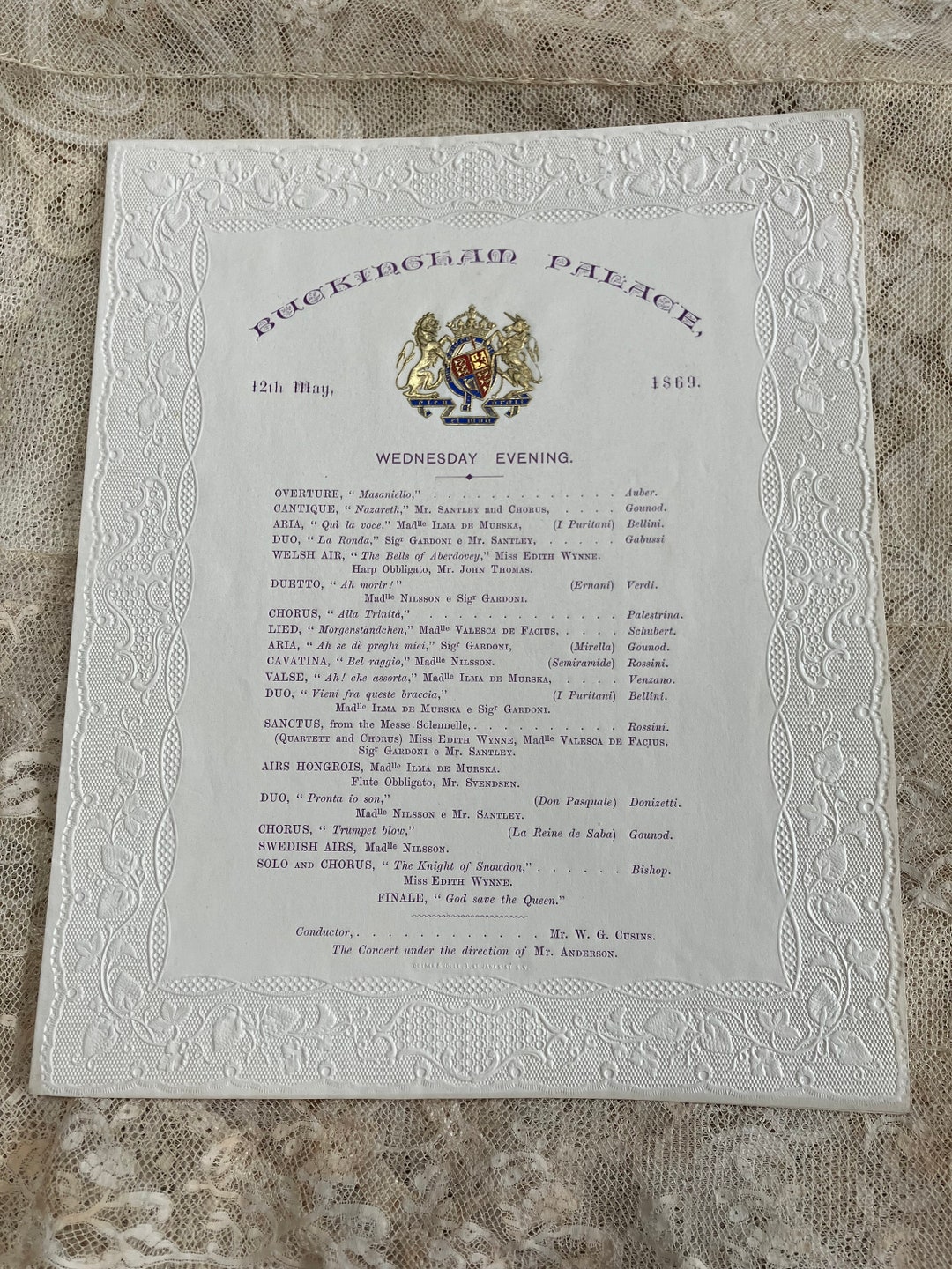 1869 Buckingham Palace Royal Concert Programme With Embossed Royal Arms ...