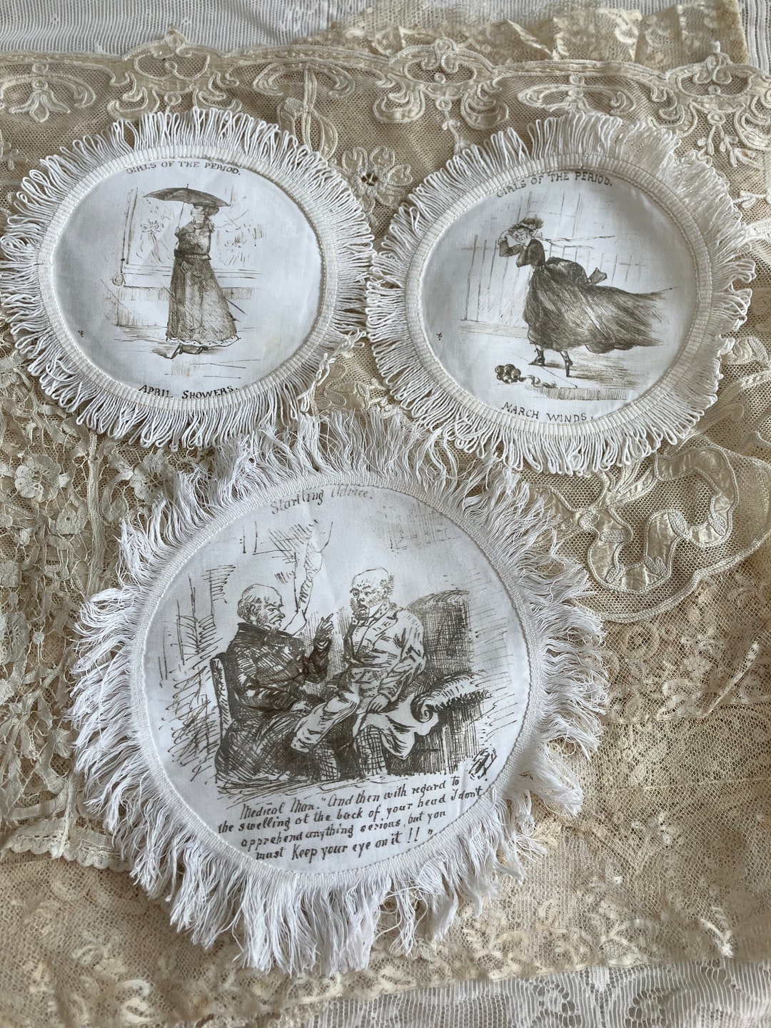 Three Victorian Ink Drawings on Cotton Doilies - Etsy