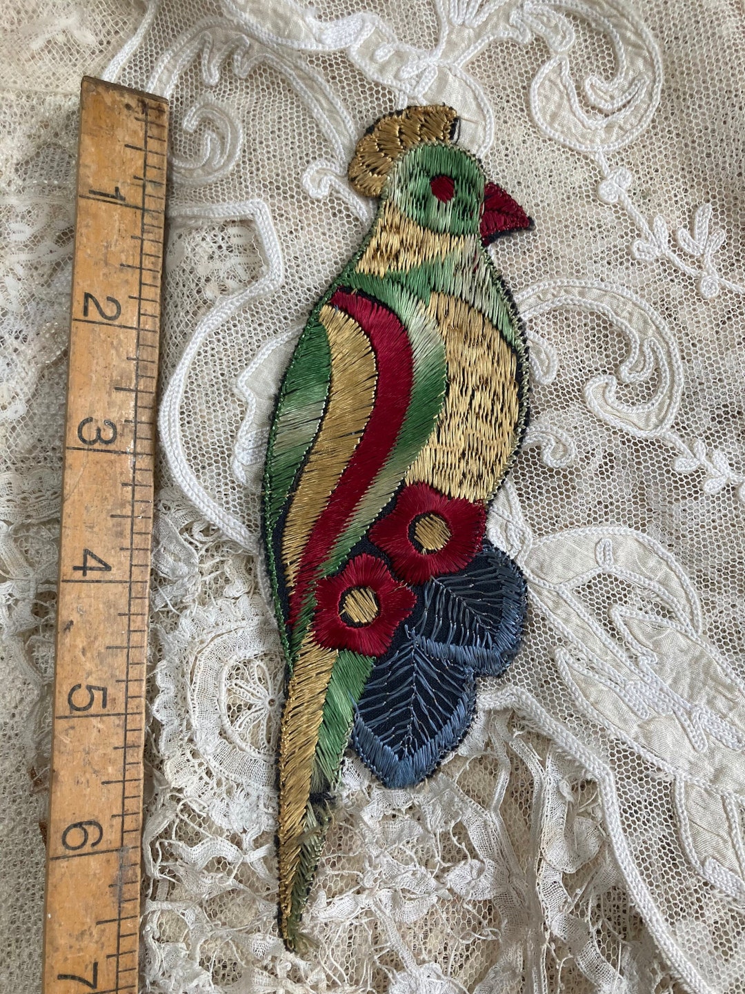 Large Antique Silk Embroidered Birds Appliques, Sewing Appliques ...