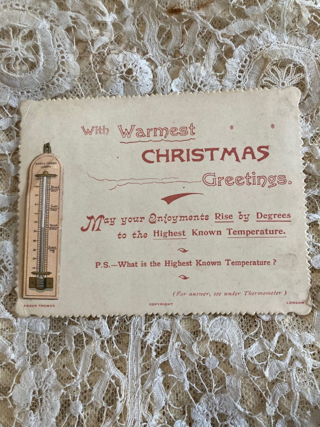 Rare Antique Angus Thomas Christmas Pun Card With Applied Thermometer ...