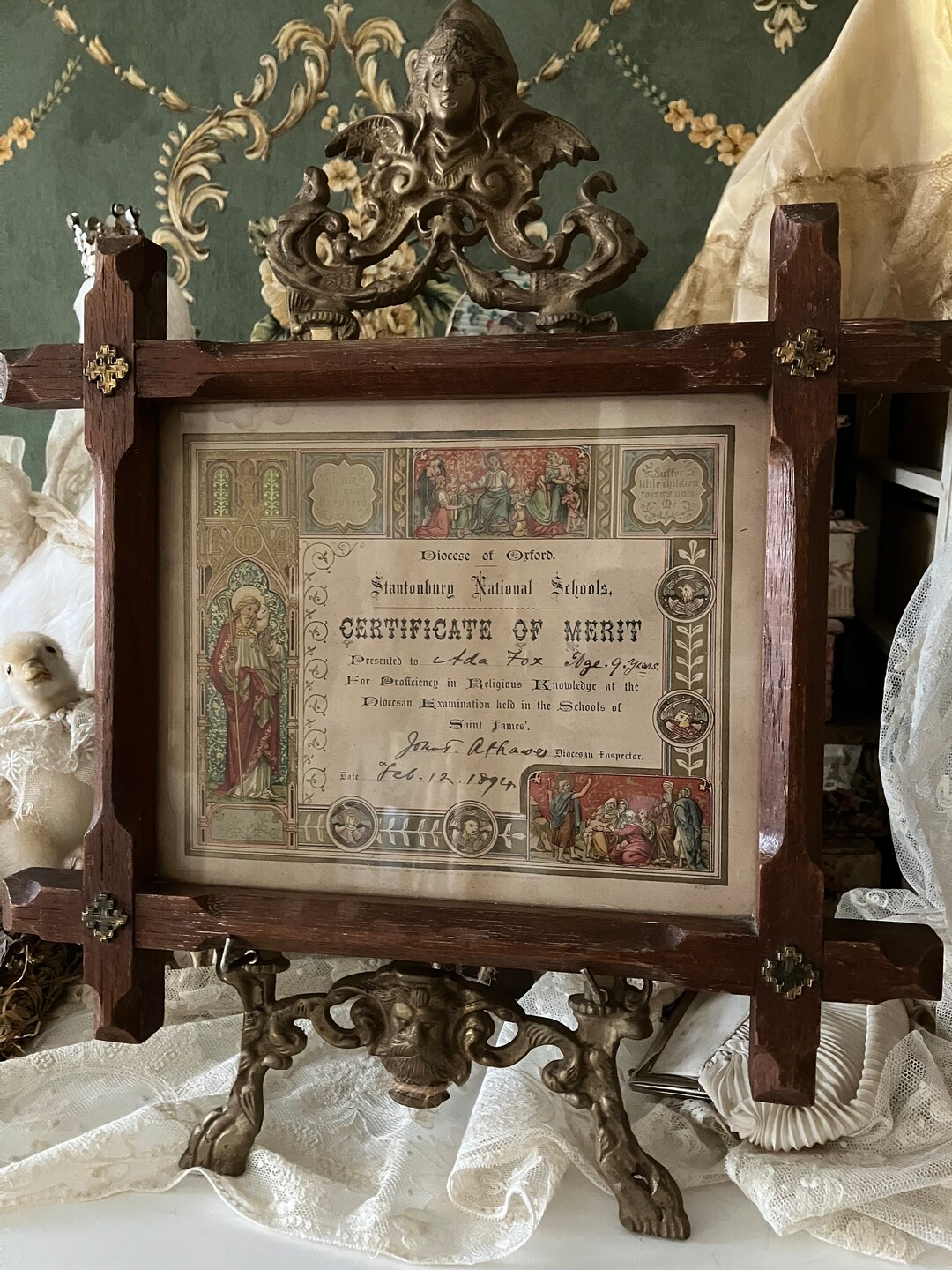 1894 Gorgeous Framed Certificate of Merit Presented to Ada Fox Aged 9 ...