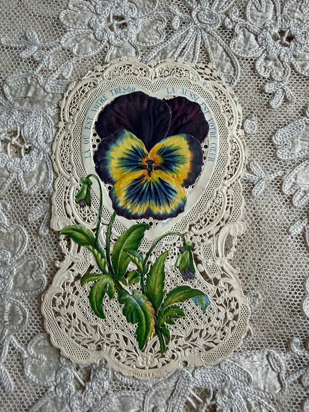 Antique French Paper Lace Holy Card, Pansy Floral, 19th Century ...