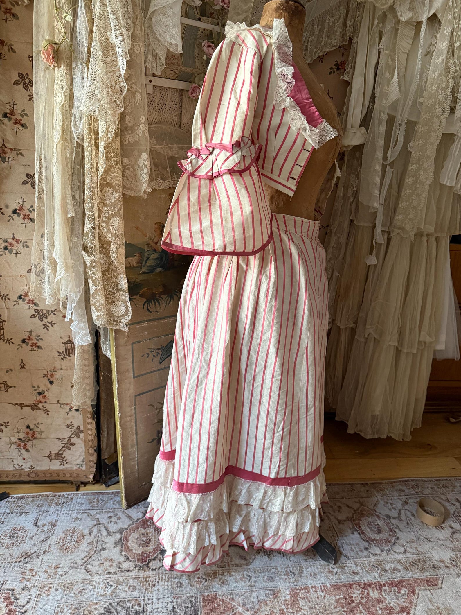 Victorian Silk Lace Ensemble, Pink Striped Raw Silk Jacket and Skirt ...