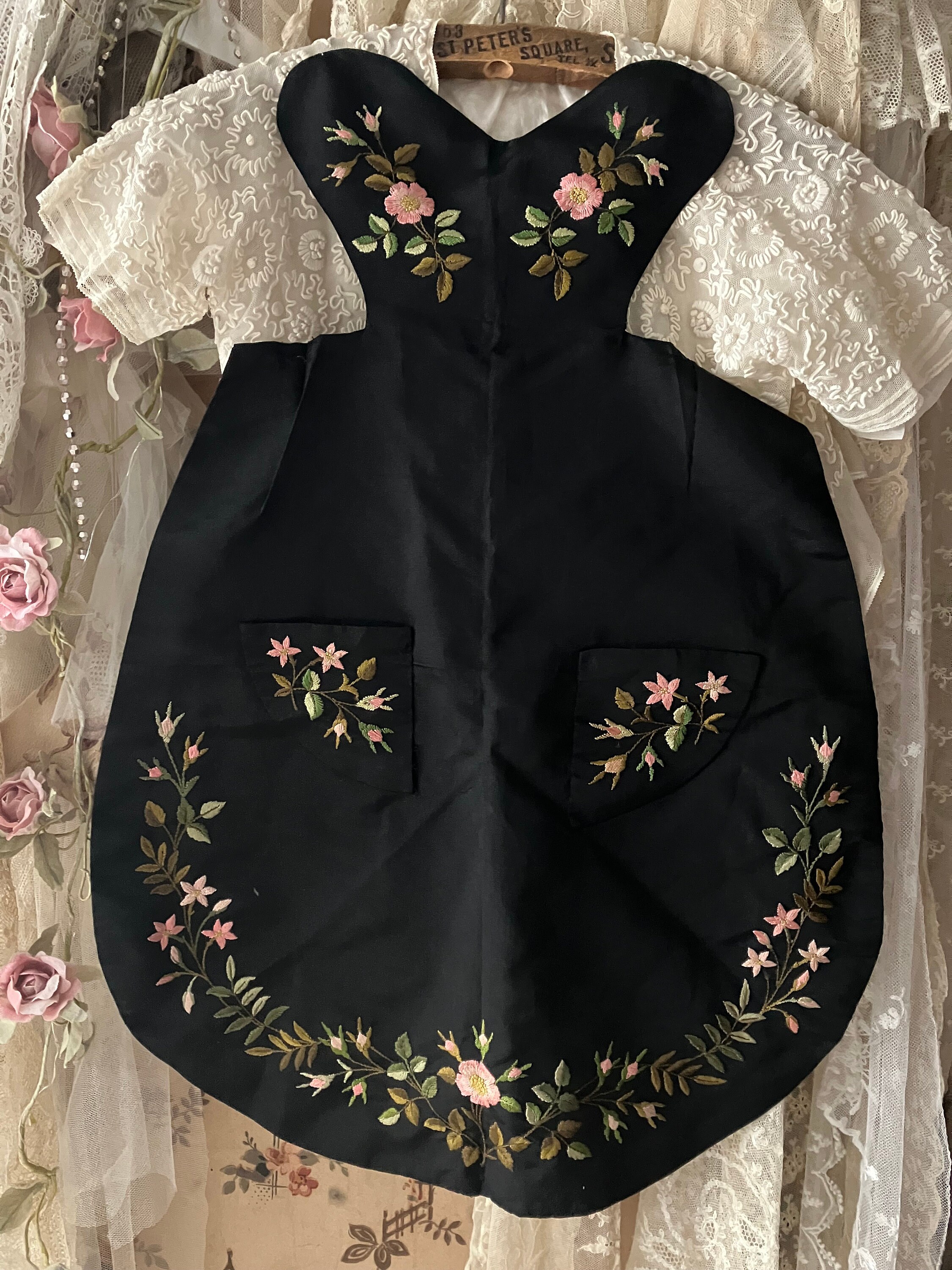 Victorian Black Silk Apron - Embroidered Floral Display Piece - Etsy