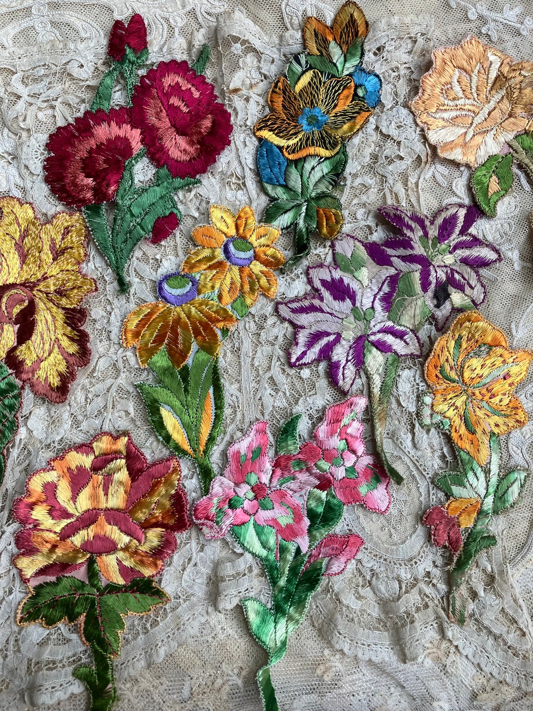Largeantique Silk Embroidered Flowers Appliqué's, Sewing Appliqué's ...
