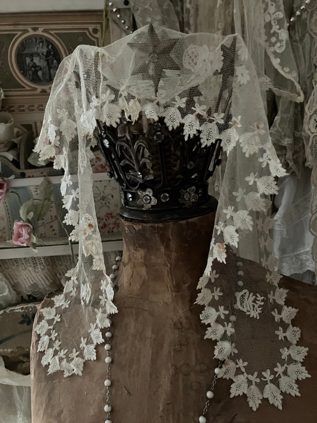 Exquisite 19th Century Tulle Bed Bonnet, Day Bonnet, Wedding Cap Veil ...