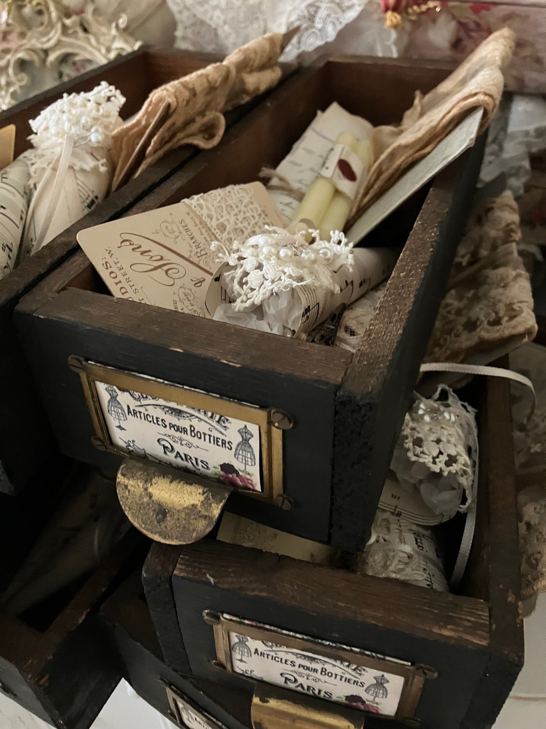 Antique French Haberdashery Wooden Drawer With Antique and Vintage ...